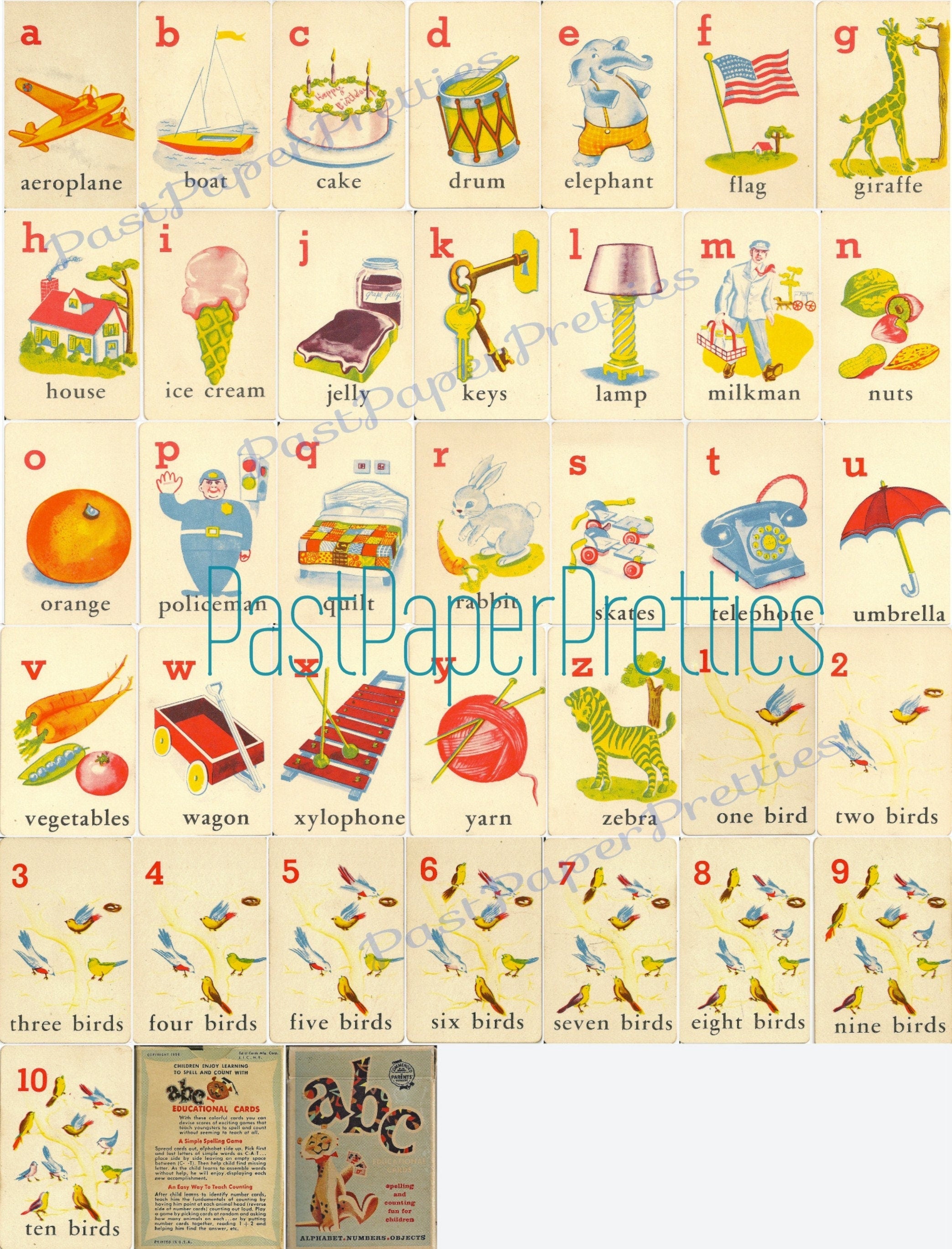 Vintage Printable ABC Flash Cards Illustrated 123 Alphabet Letters Num ...