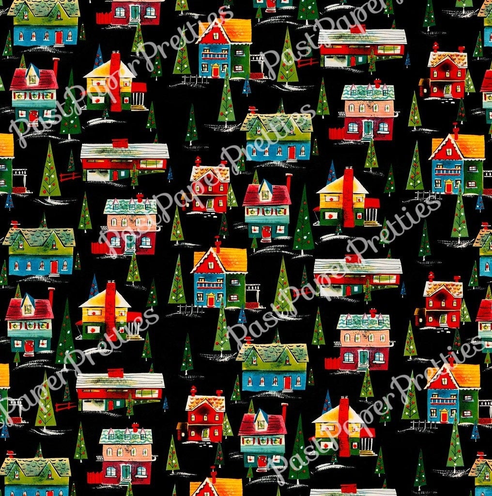 Vintage Printable Christmas Houses Gift Wrap Mid Century Mod Holiday N ...