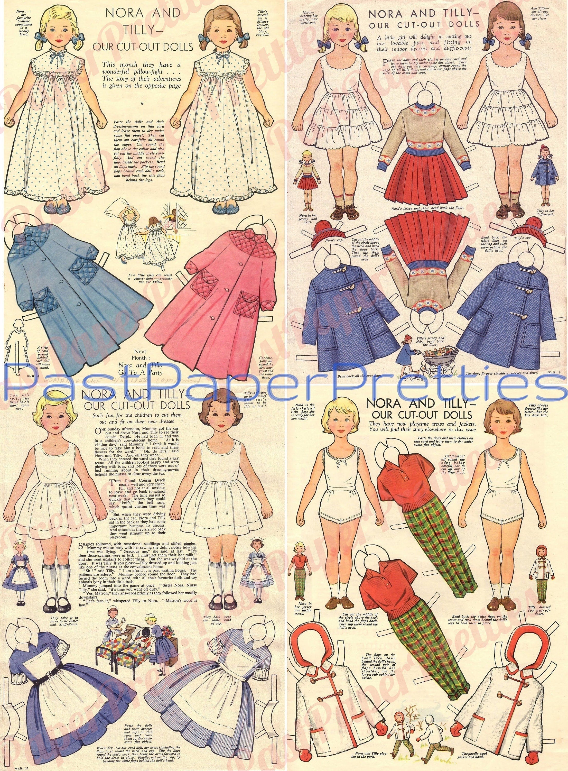 Vintage Paper Dolls Nora and Tilly Cute Girls Printable PDF Instant Di ...