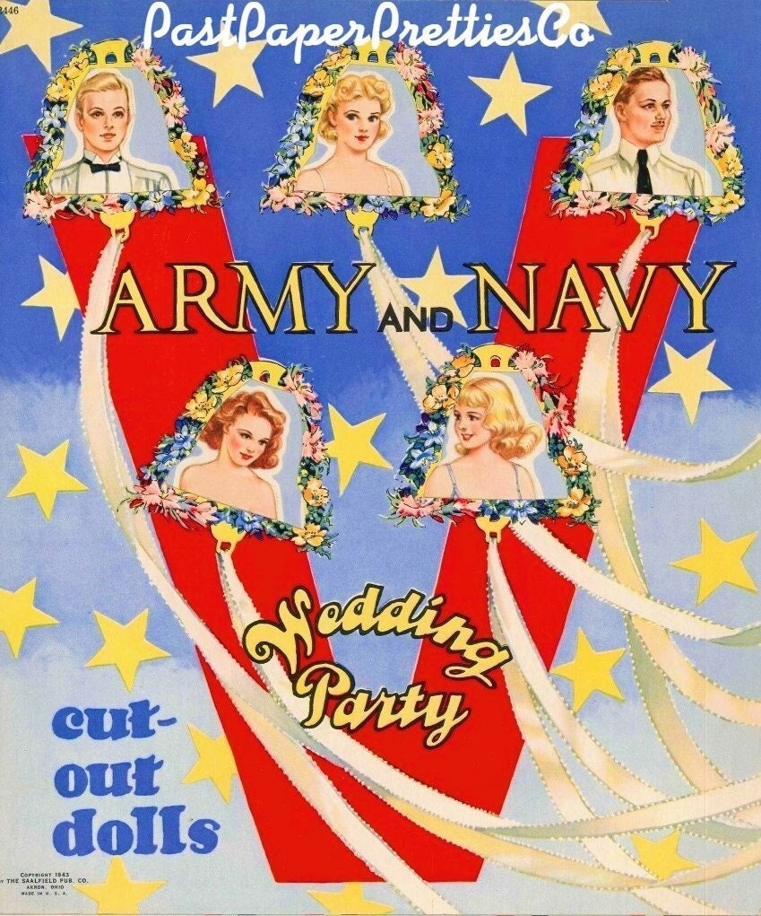 Vintage Paper Dolls Army and Navy Wedding Party c. 1943 WWII Military ...