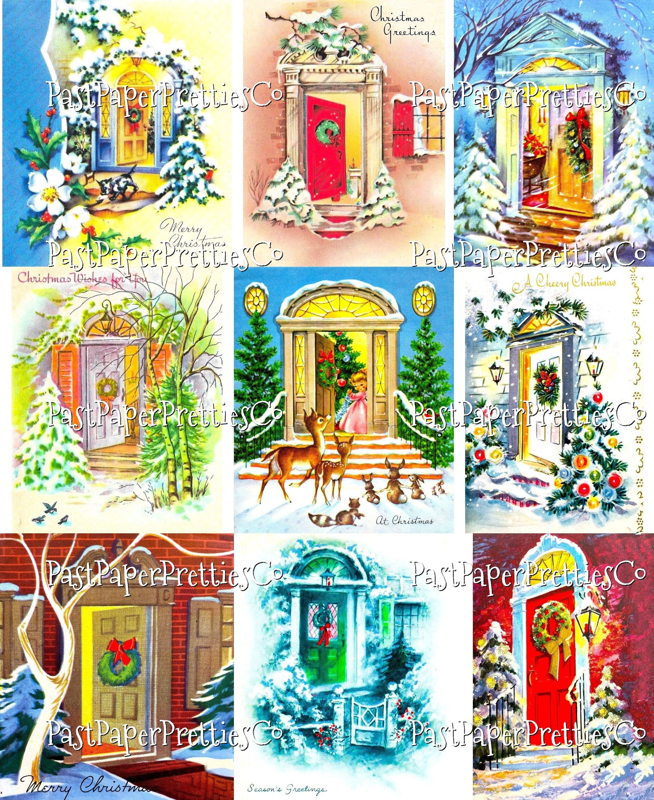 63 Vintage Printable Christmas House Front Doors Snowy Entrances Colla ...