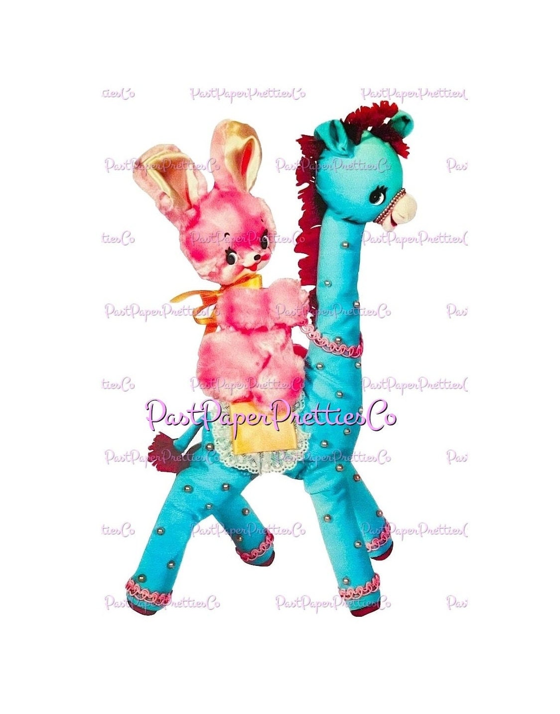 Vintage Retro Fluffy Pink Bunny Riding Blue Giraffe Nursery Decal Imag ...